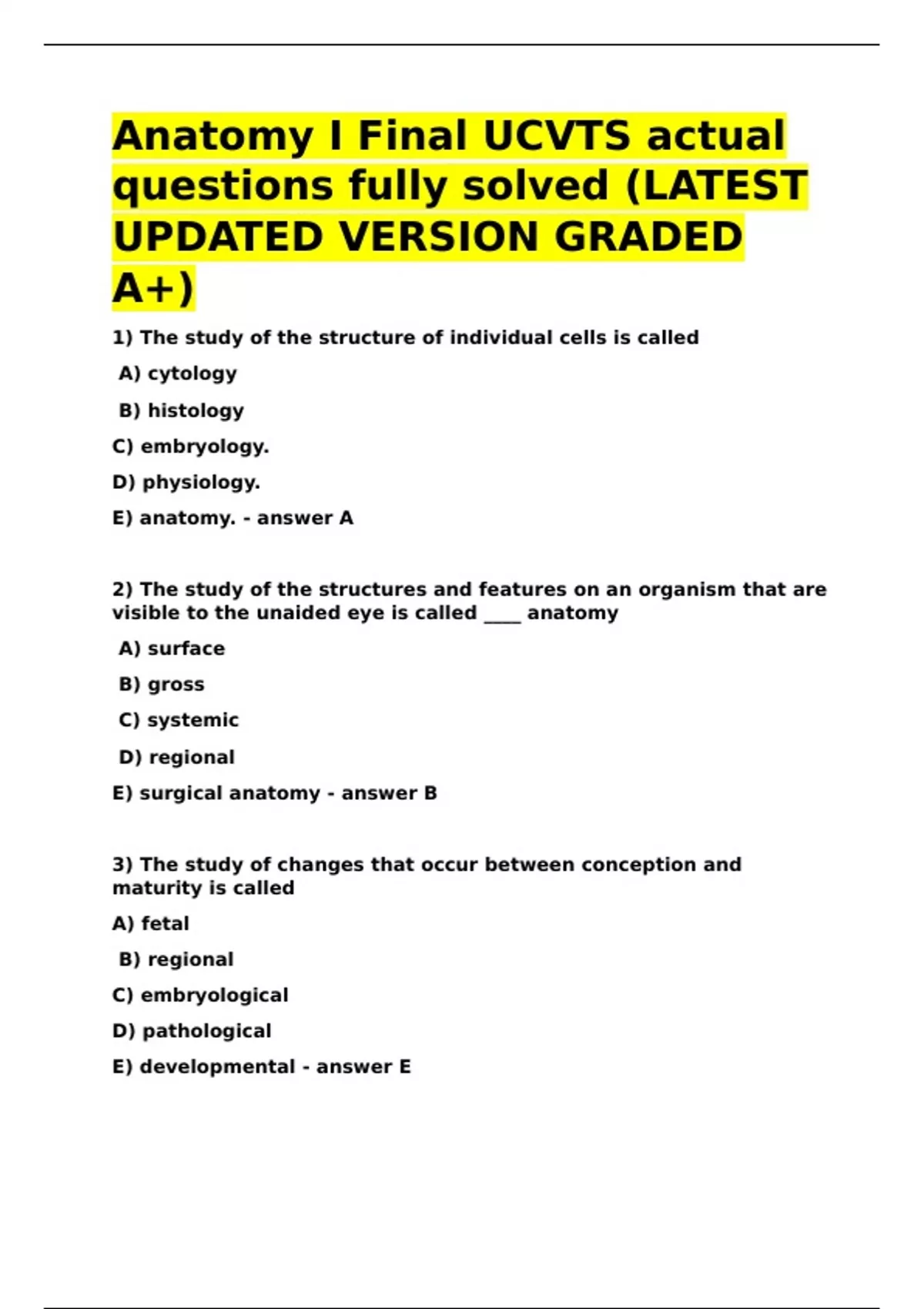Anatomy I Final UCVTS actual questions fully solved (LATEST UPDATED ...