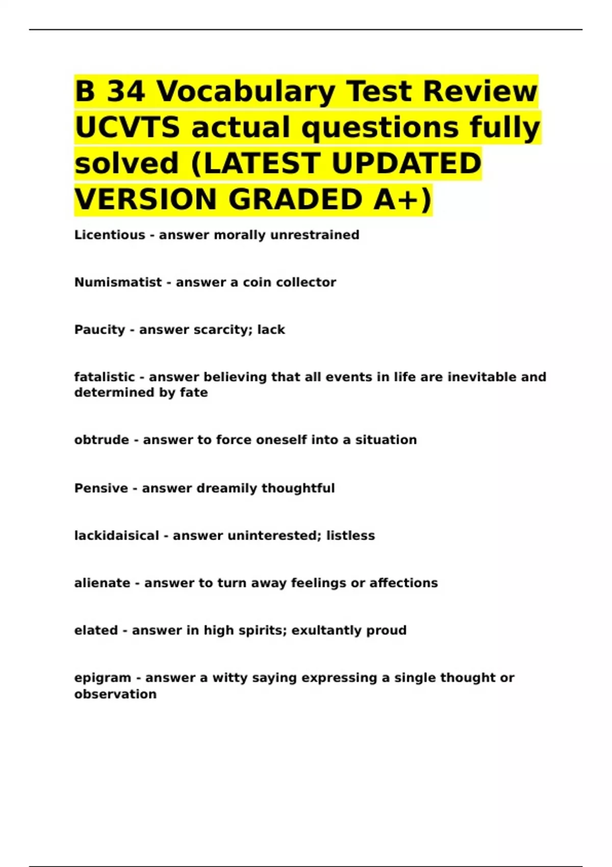 B 34 Vocabulary Test Review UCVTS actual questions fully solved (LATEST ...