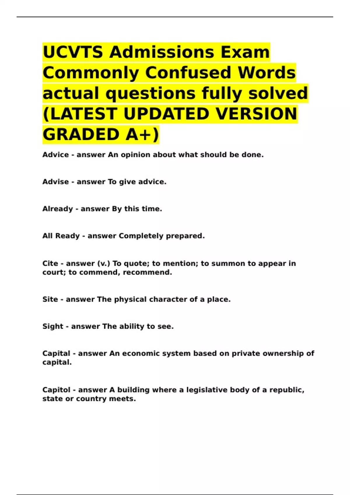 UCVTS Admissions Exam Commonly Confused Words actual questions fully ...