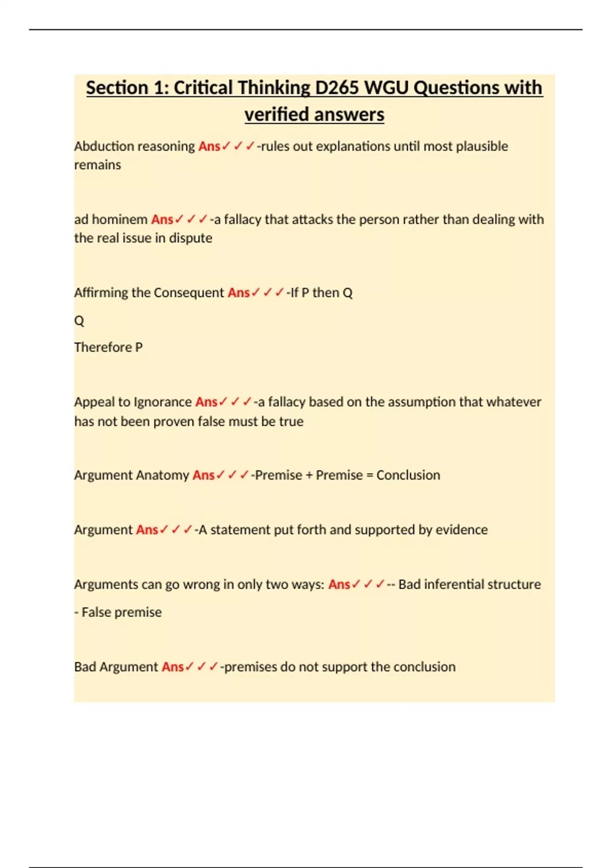 Section 1: Critical Thinking D265 WGU Questions with verified answers ...