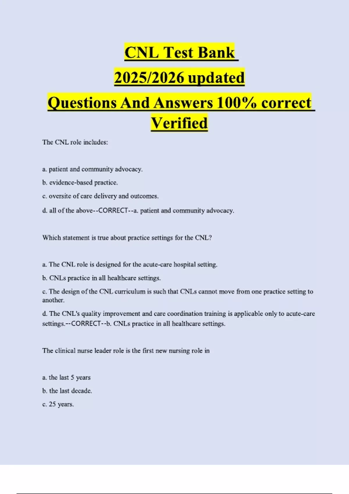 CNL Test Bank 2025/2026 updated Questions And Answers 100% correct ...