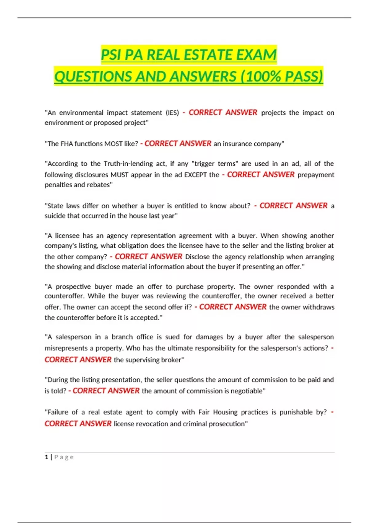 PSI PA REAL ESTATE EXAM QUESTIONS AND ANSWERS (100% PASS) - Real estate ...