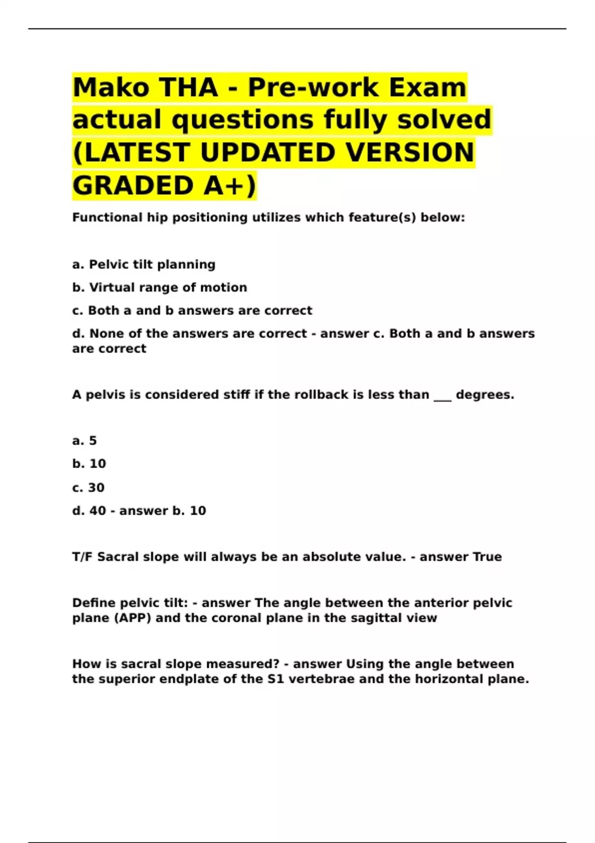 Mako THA - Pre-work Exam actual questions fully solved (LATEST UPDATED ...