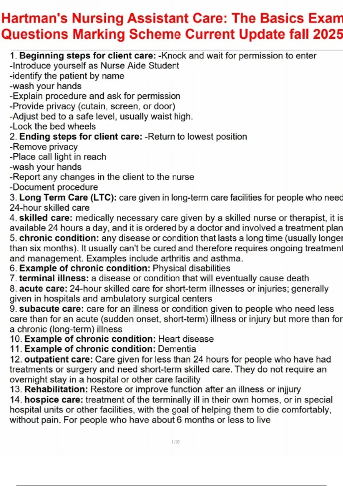 Hartman-s Nursing Assistant Care The Basics Exam Questions Marking ...