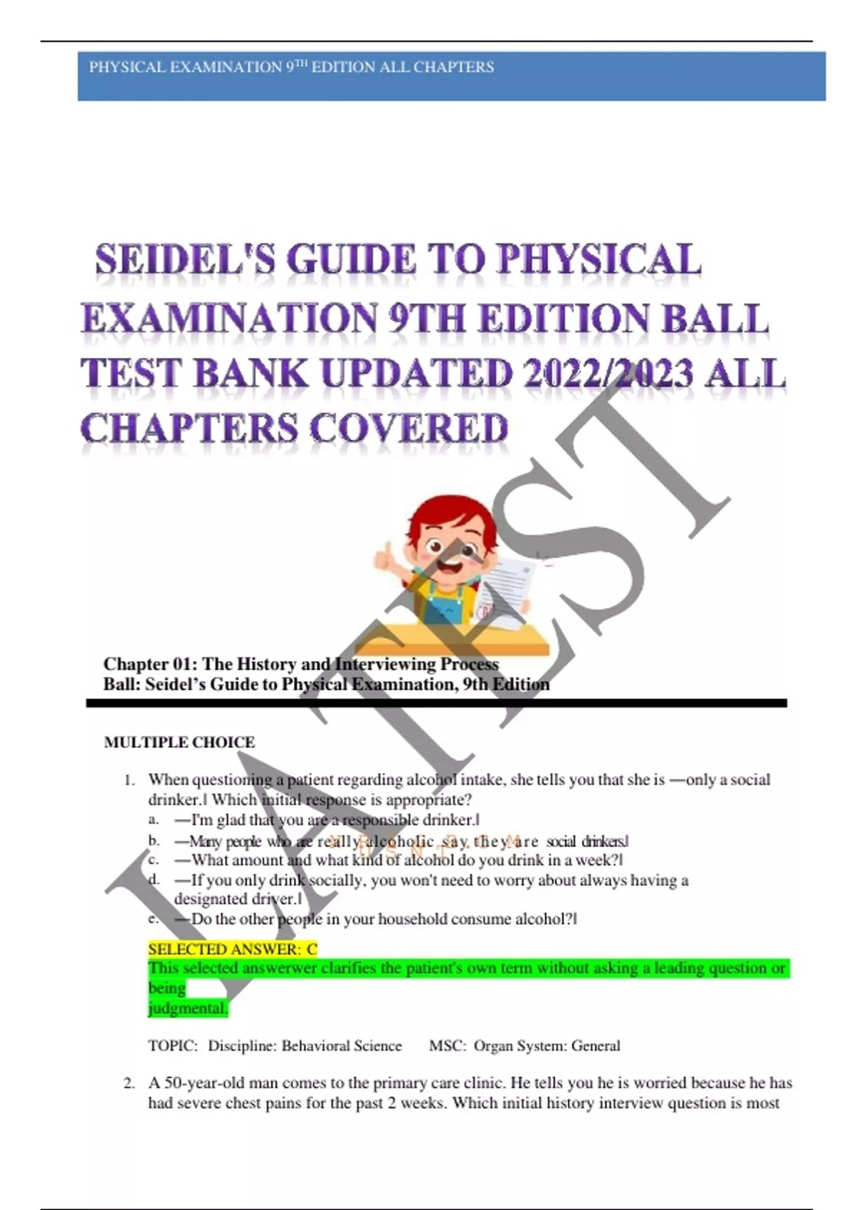 TEST BANK Seidel’s Guide to Physical Examination and History taking 600 ...