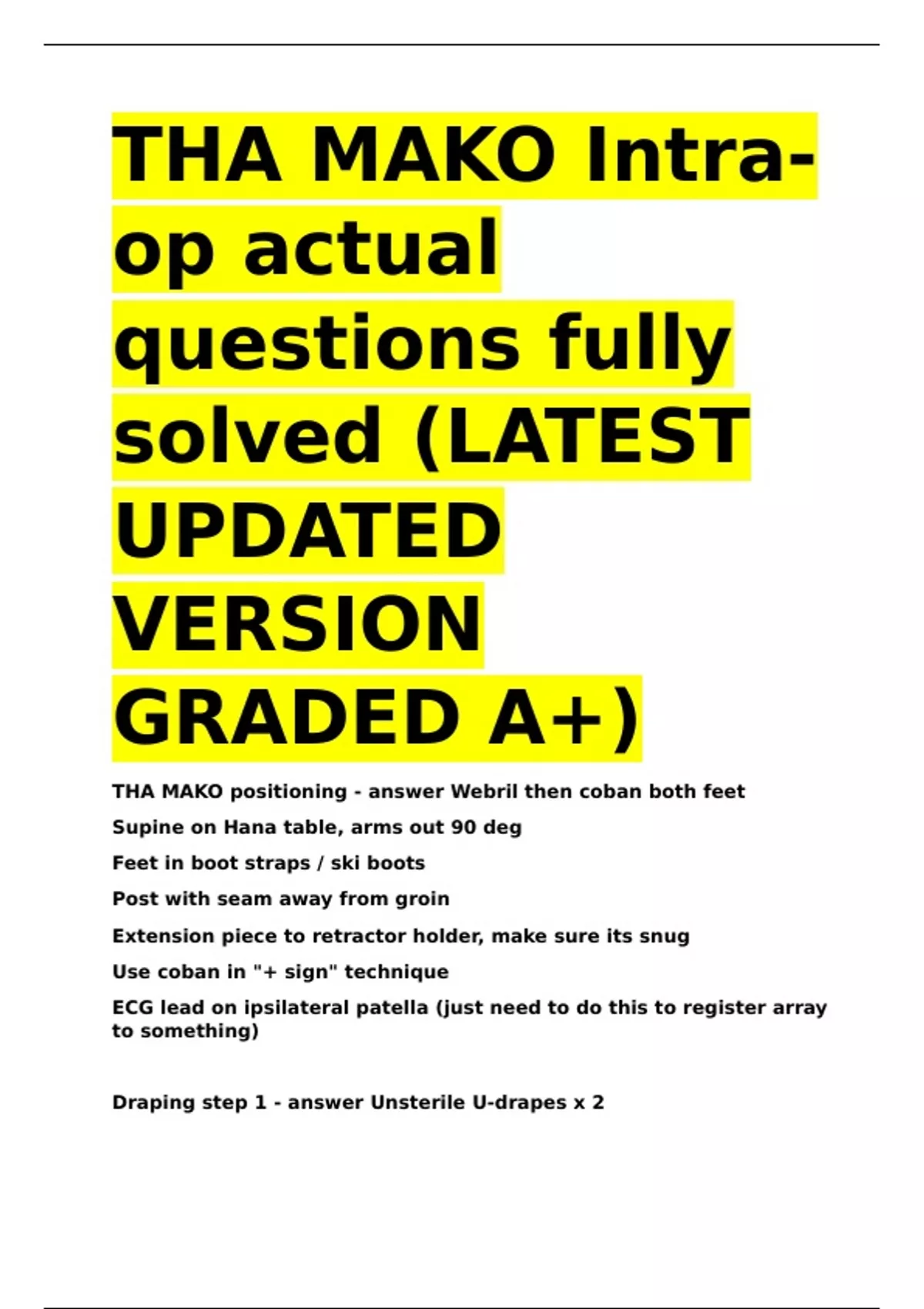 THA MAKO Intra-op actual questions fully solved (LATEST UPDATED VERSION ...