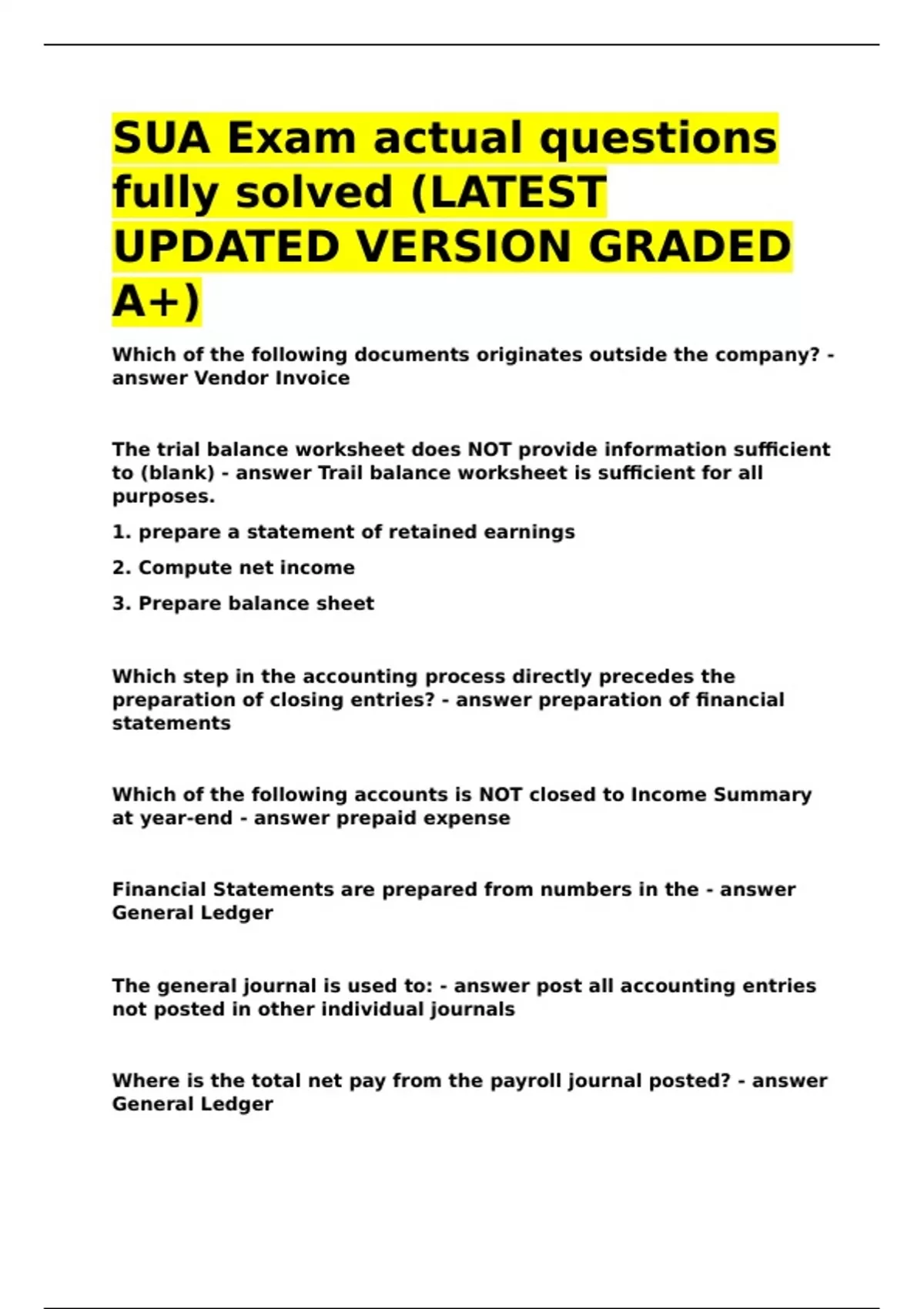 SUA Exam actual questions fully solved (LATEST UPDATED VERSION GRADED ...