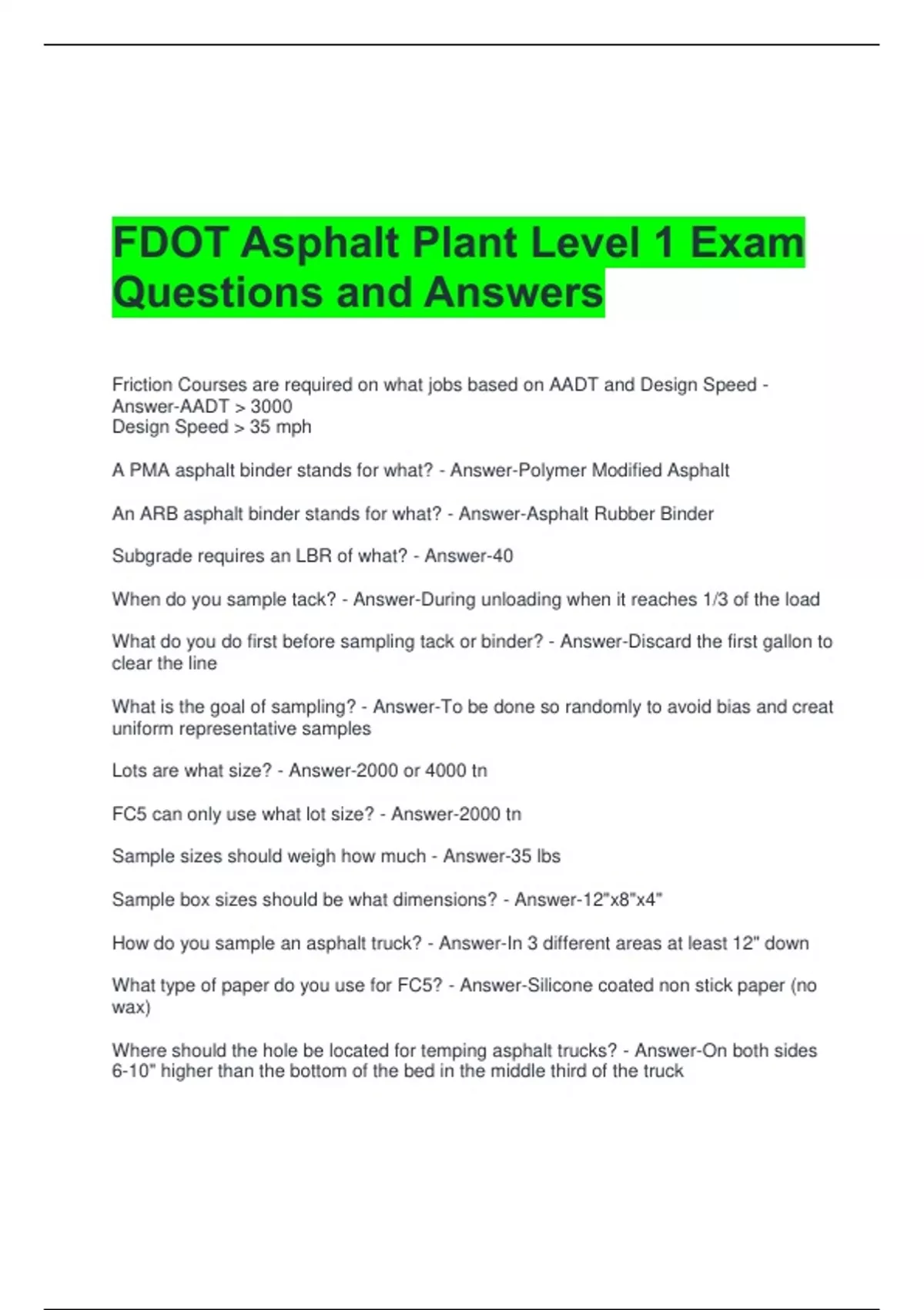 FDOT Asphalt Plant Level 1 Exam Questions and Answers - FDOT Asphalt ...