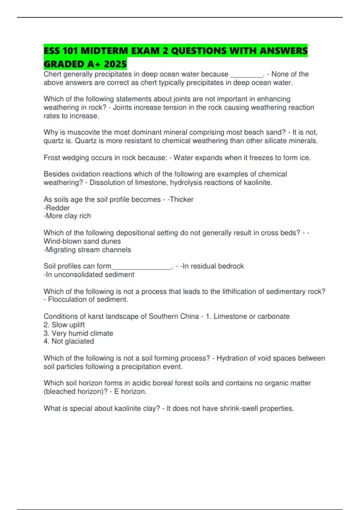 ESS 101 MIDTERM EXAM 2 QUESTIONS WITH ANSWERS GRADED A+ 2025 - ESS 101 - Stuvia US