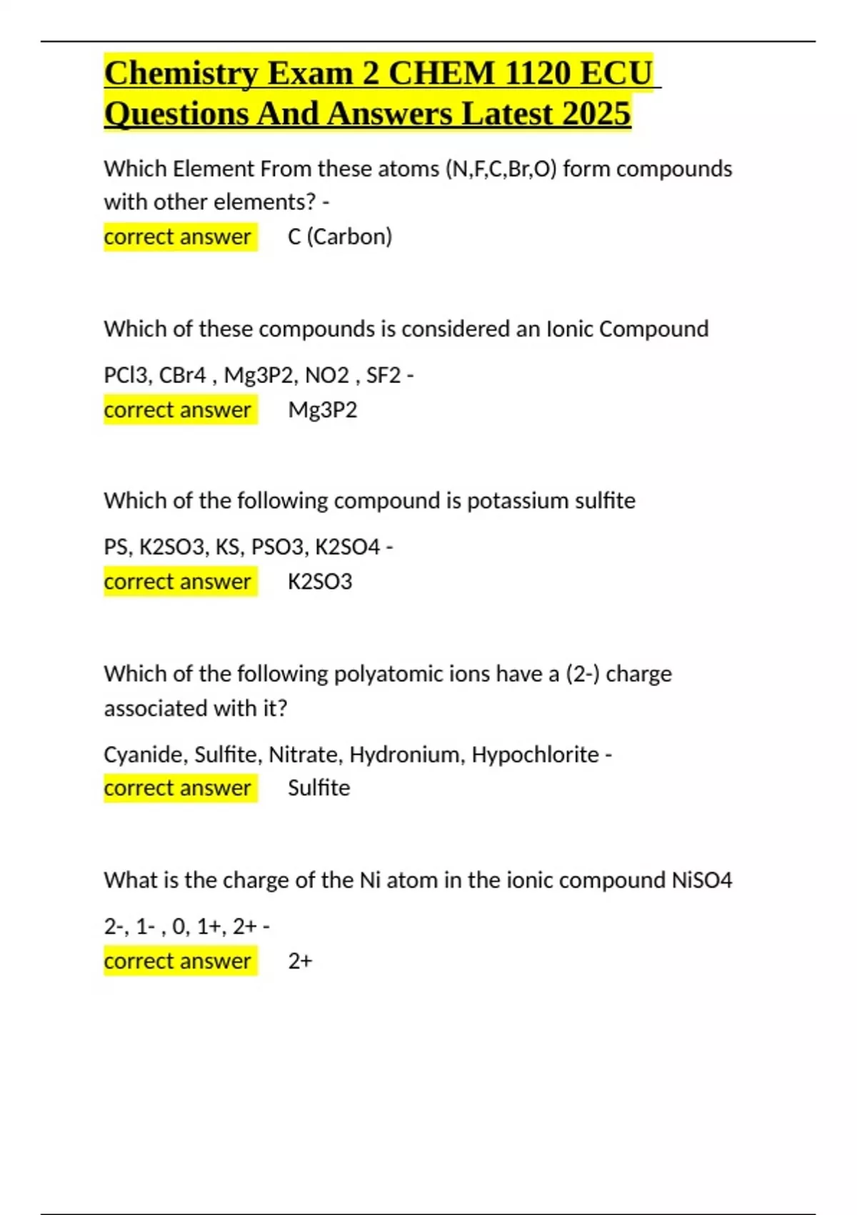 Chemistry Exam 2 CHEM 1120 ECU Questions And Answers Latest 2025.docx ...