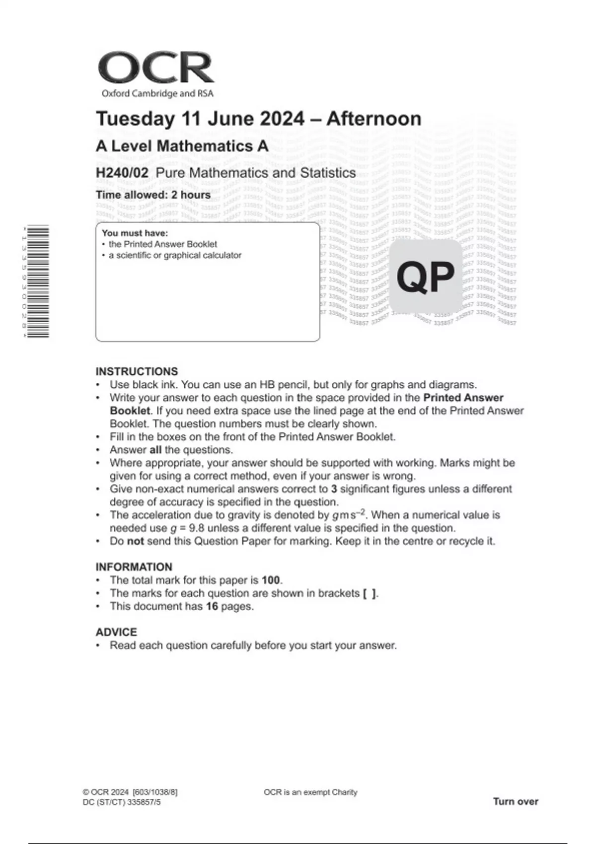 OCR A Level Mathematics A H240/02 JUNE 2024 QUESTION PAPER: Pure ...