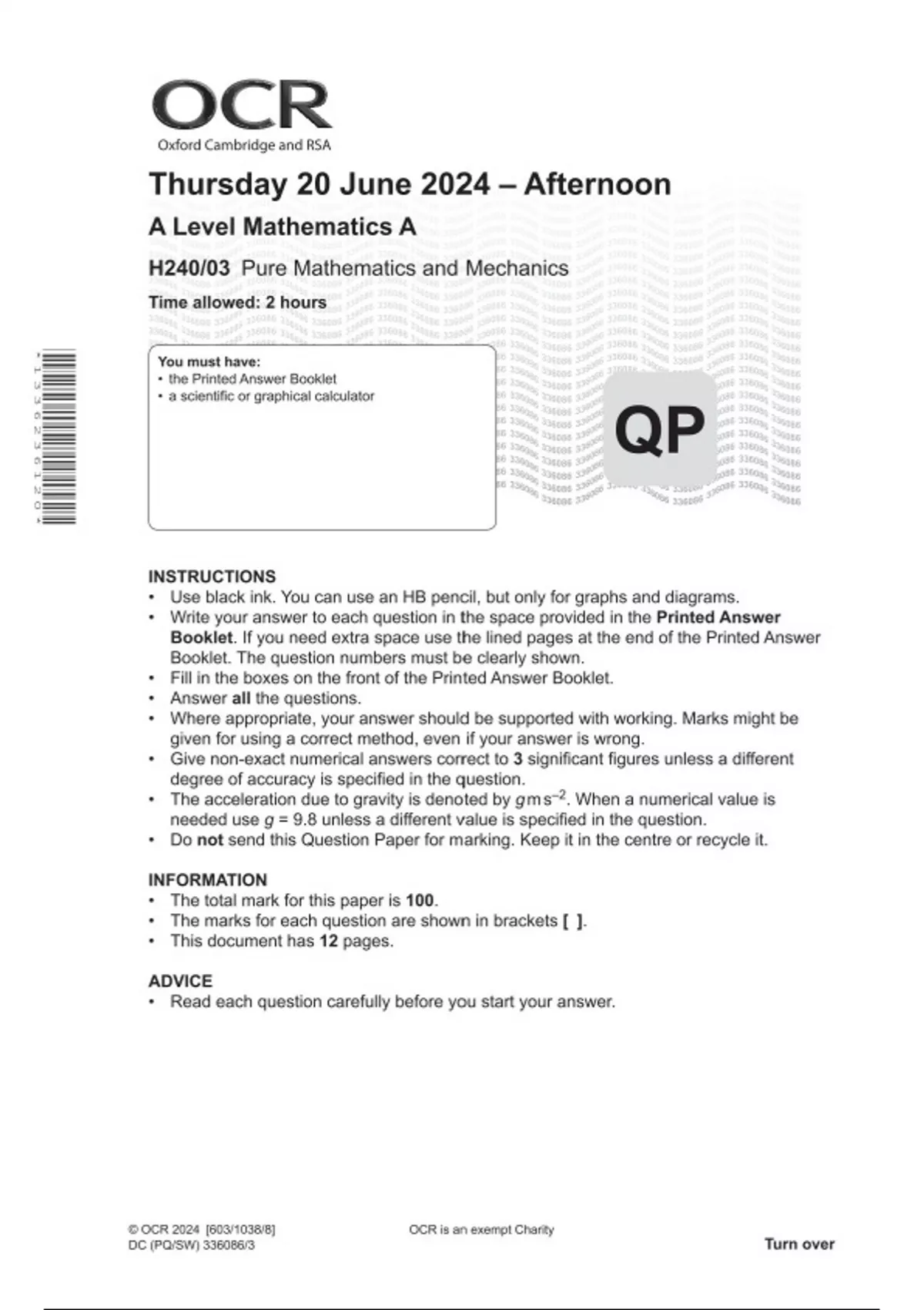OCR A Level Mathematics A H240/03 JUNE 2024 QUESTION PAPER: Pure ...