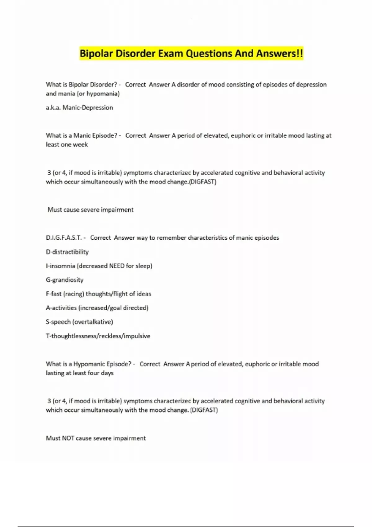 Bipolar Disorder Exam Questions And Answers!! - Bipolar Disorder ...