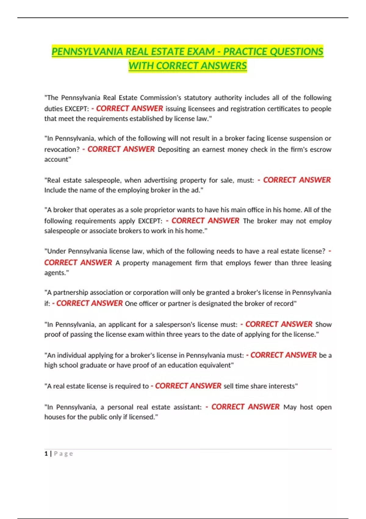 PENNSYLVANIA REAL ESTATE EXAM - PRACTICE QUESTIONS WITH CORRECT ANSWERS ...