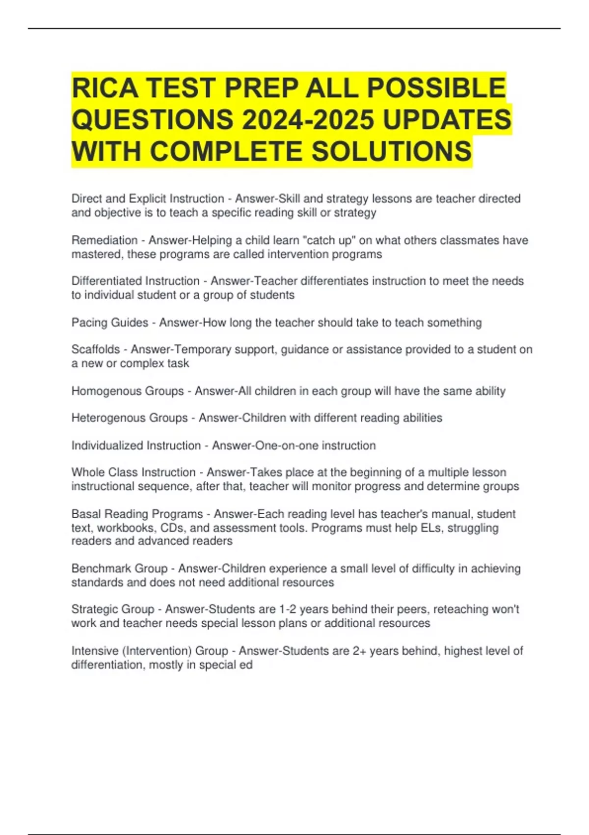 RICA TEST PREP ALL POSSIBLE QUESTIONS UPDATES WITH COMPLETE SOLUTIONS ...