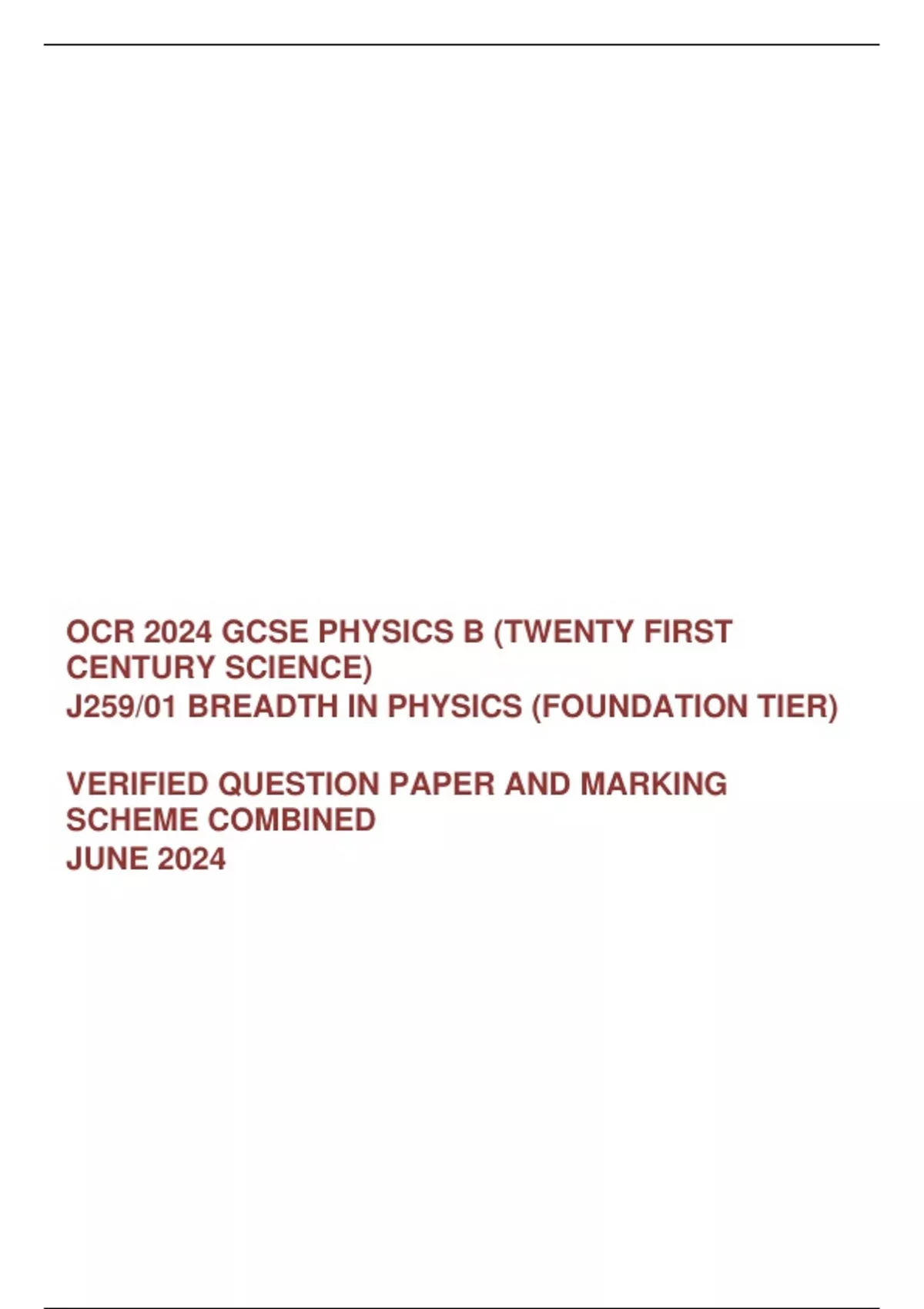 OCR 2024 GCSE PHYSICS B (TWENTY FIRST CENTURY SCIENCE) J259/01 BREADTH ...