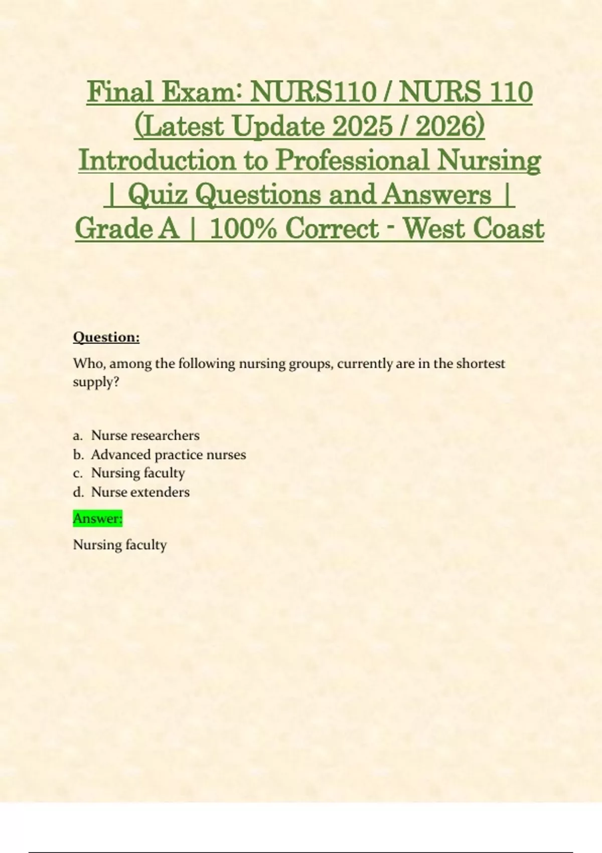 Final Exam: NURS110 / NURS 110 (Latest Update 2025 / 2026) Introduction ...