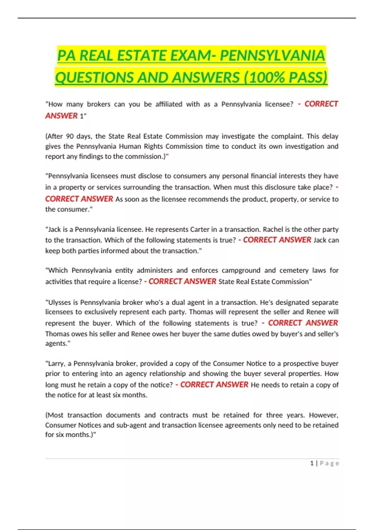 PA REAL ESTATE EXAM- PENNSYLVANIA - Real estate salesperson - Stuvia US
