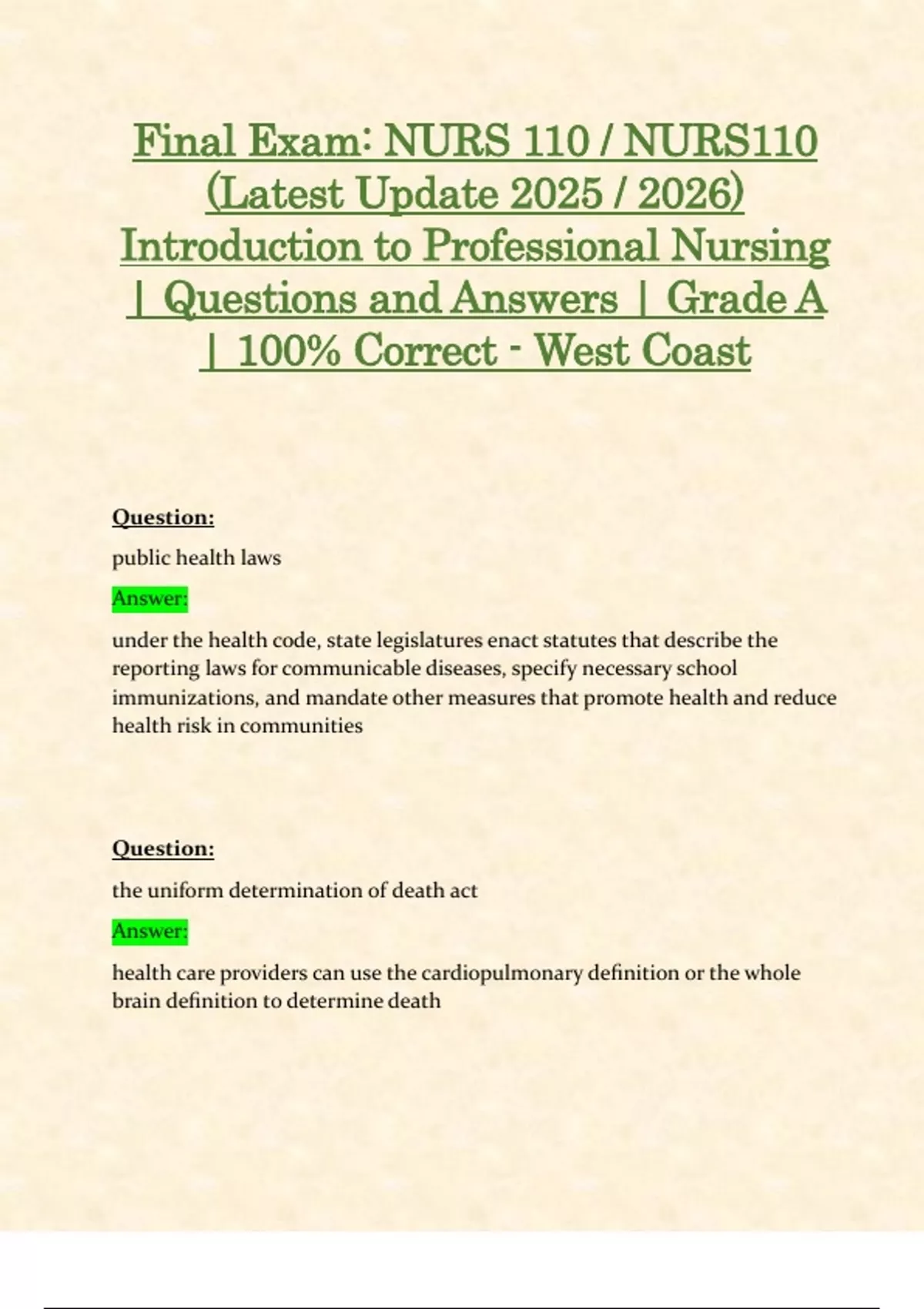 Final Exam: NURS 110 / NURS110 (Latest Update 2025 / 2026) Introduction ...