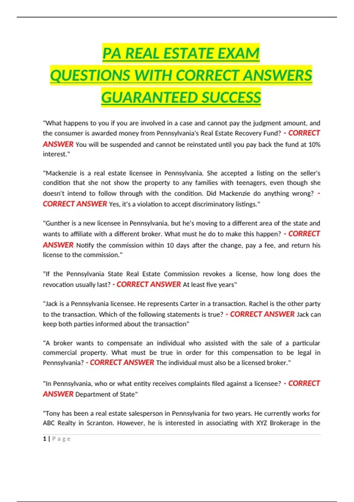 PA REAL ESTATE EXAM QUESTIONS WITH CORRECT ANSWERS GUARANTEED SUCCESS ...