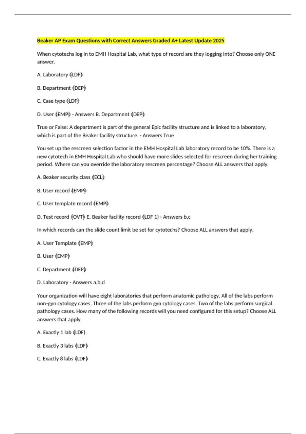 Beaker AP Exam Questions with Correct Answers Graded A+ Latest Update ...