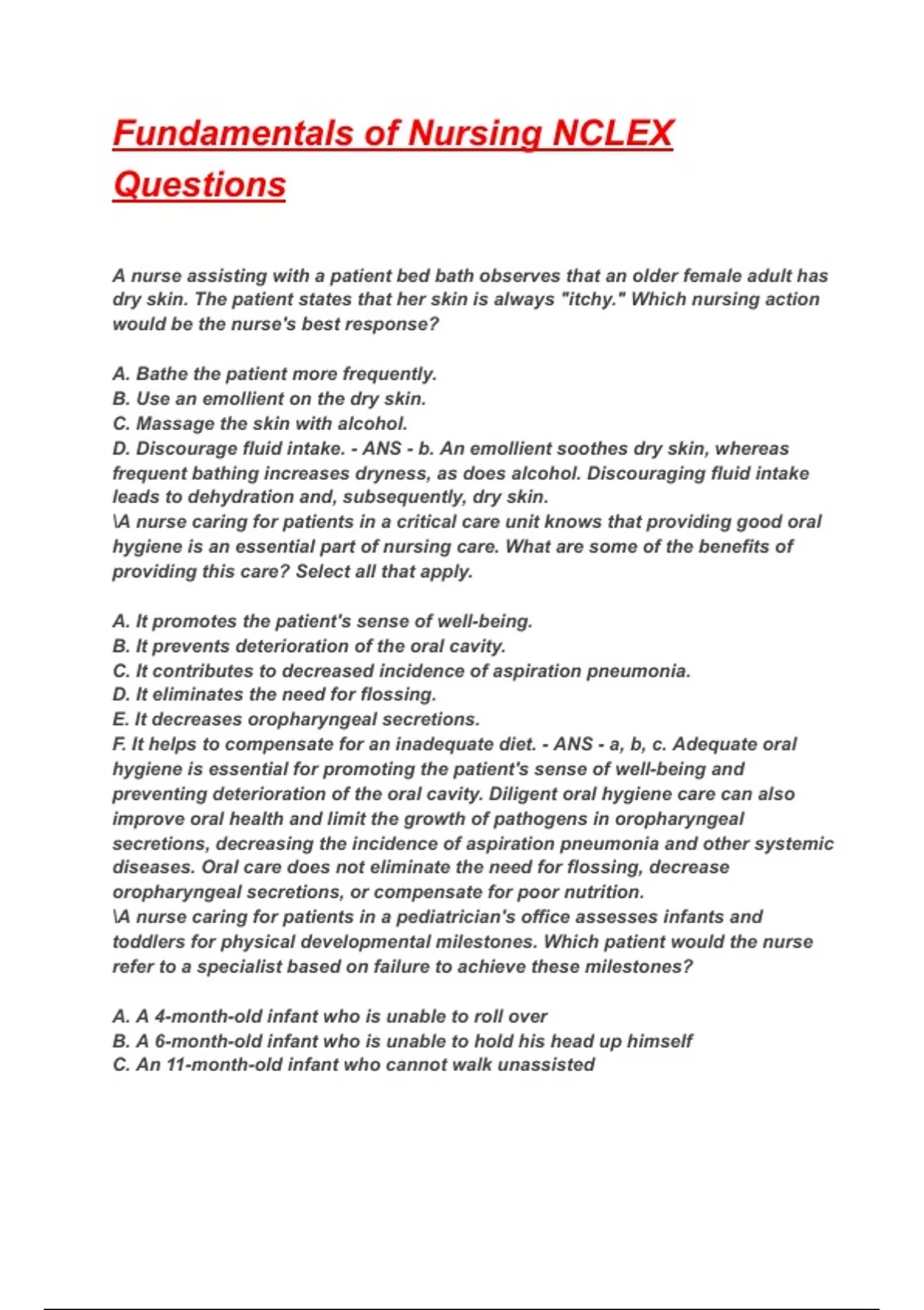 Fundamentals of Nursing NCLEX Exam 2025/2026 Questions With Completed & Verified Solutions ...