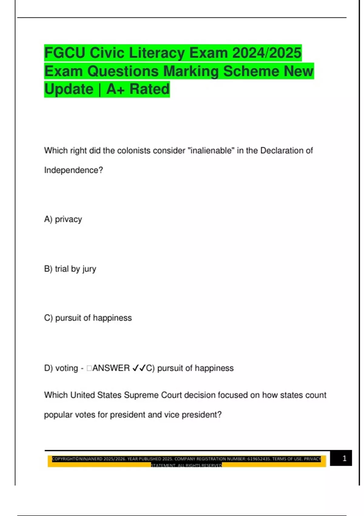 FGCU Civic Literacy Exam 2024/2025 Exam Questions Marking Scheme New ...
