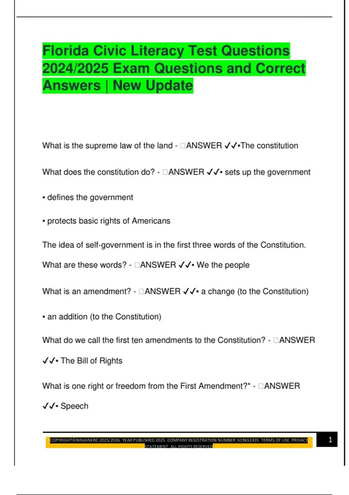 Florida Civic Literacy Test Questions 2024/2025 Exam Questions and ...
