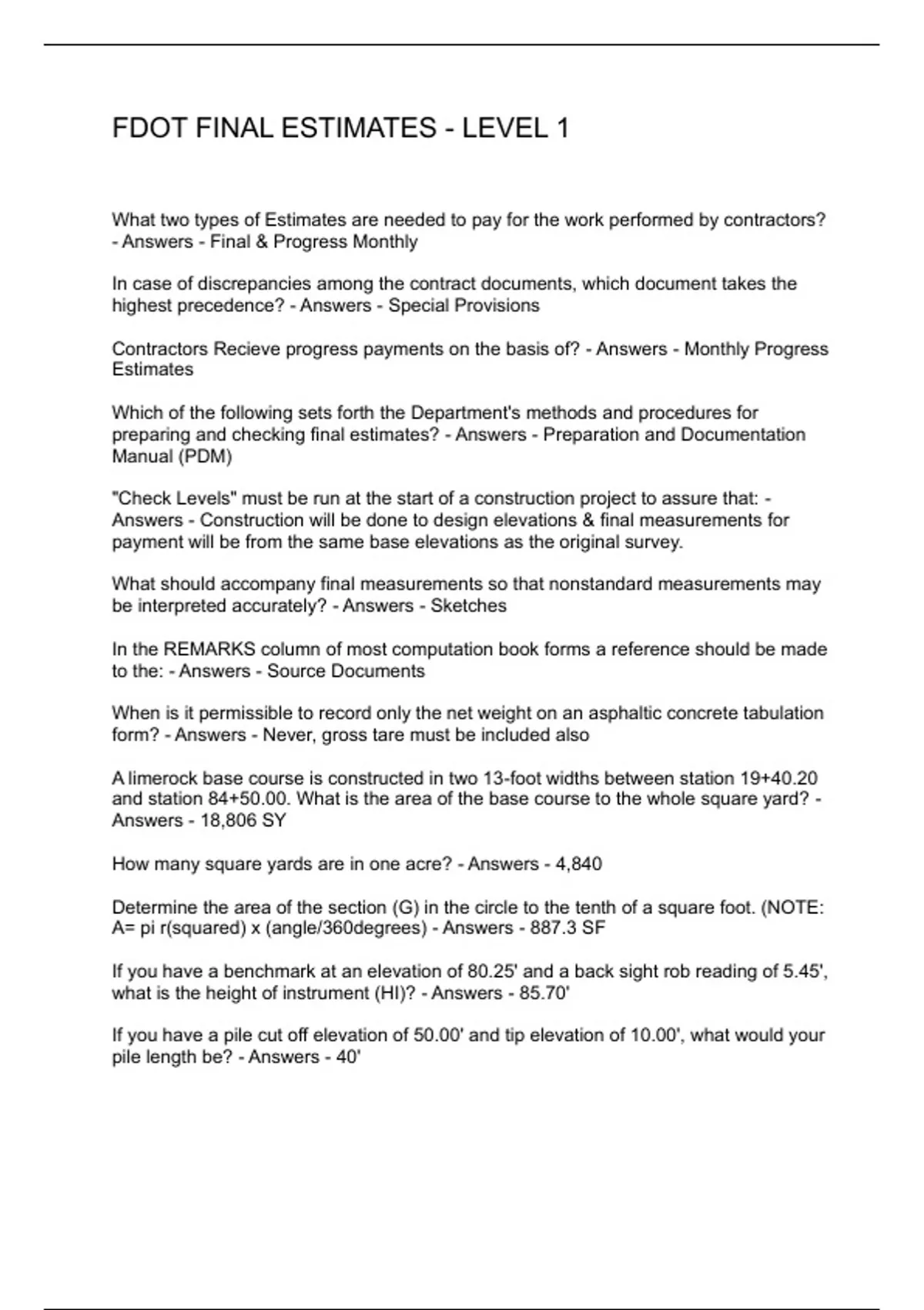 FDOT FINAL ESTIMATES - LEVEL 1 Q&A 2025 - FDOT - Stuvia US