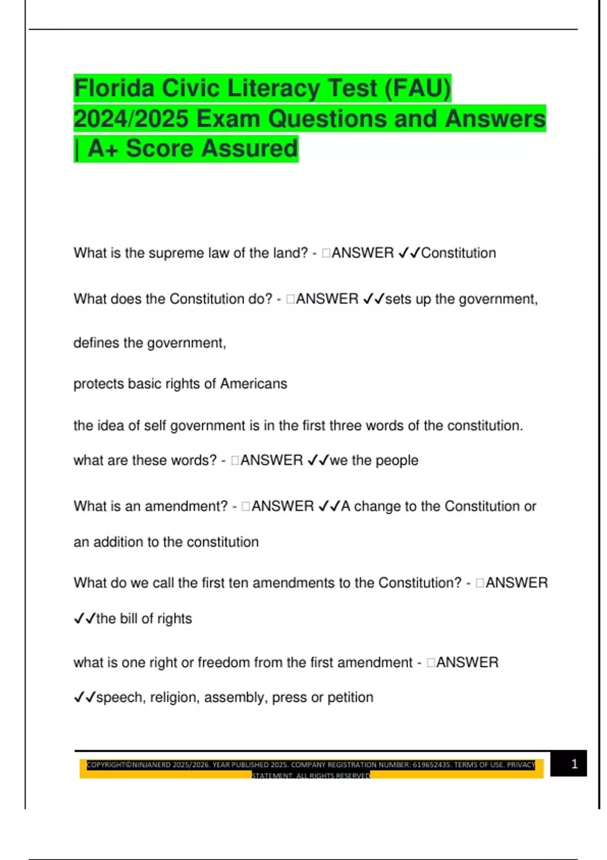 Florida Civic Literacy Test (FAU) 2024/2025 Exam Questions and Answers ...