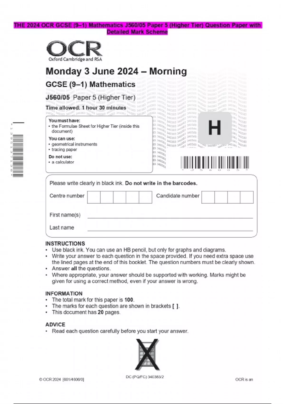 HE 2024 OCR GCSE (9–1) Mathematics J560/05 Paper 5 (Higher Tier ...