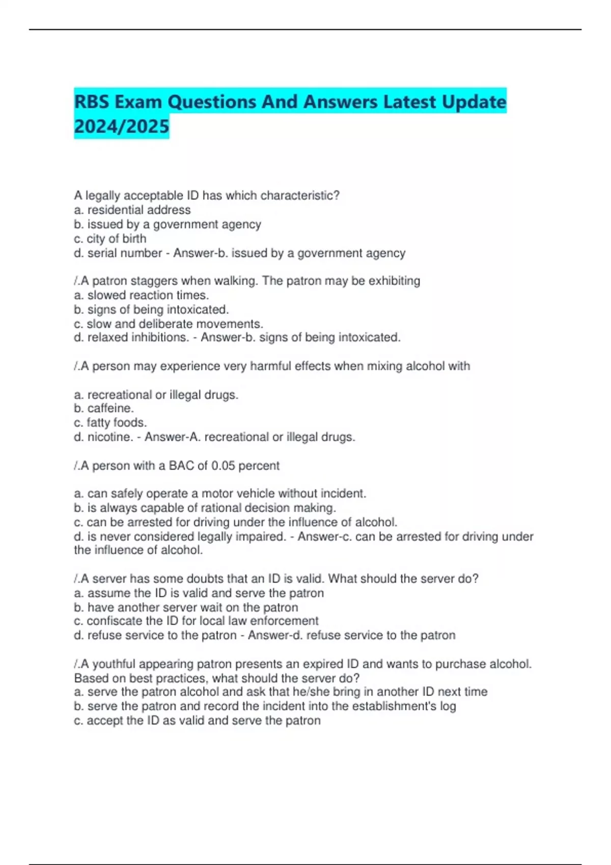 RBS Exam Questions And Answers Latest Update 2024/2025 - RBS - Stuvia US