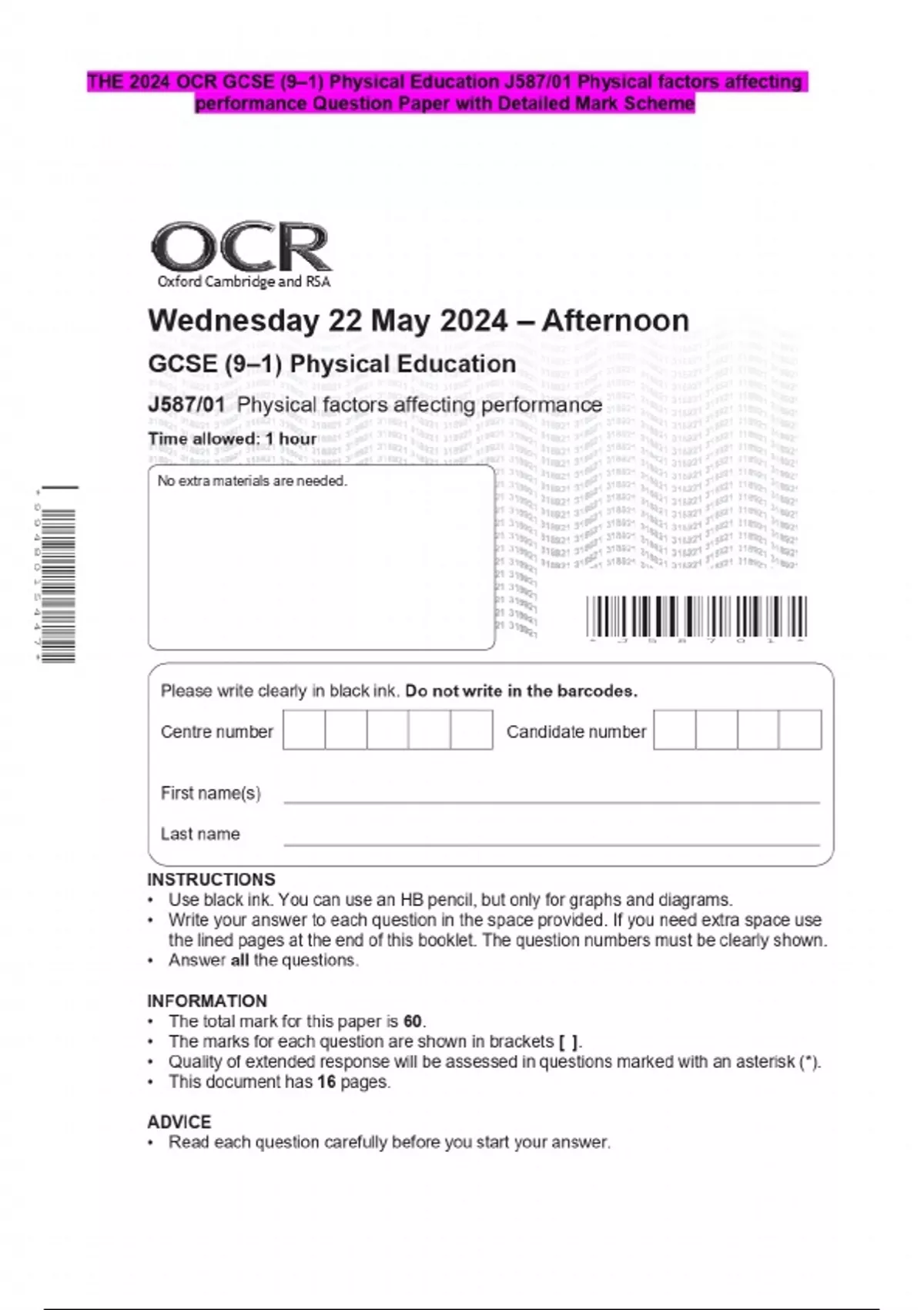 THE 2024 OCR GCSE (9–1) Physical Education J587/01 Physical factors ...