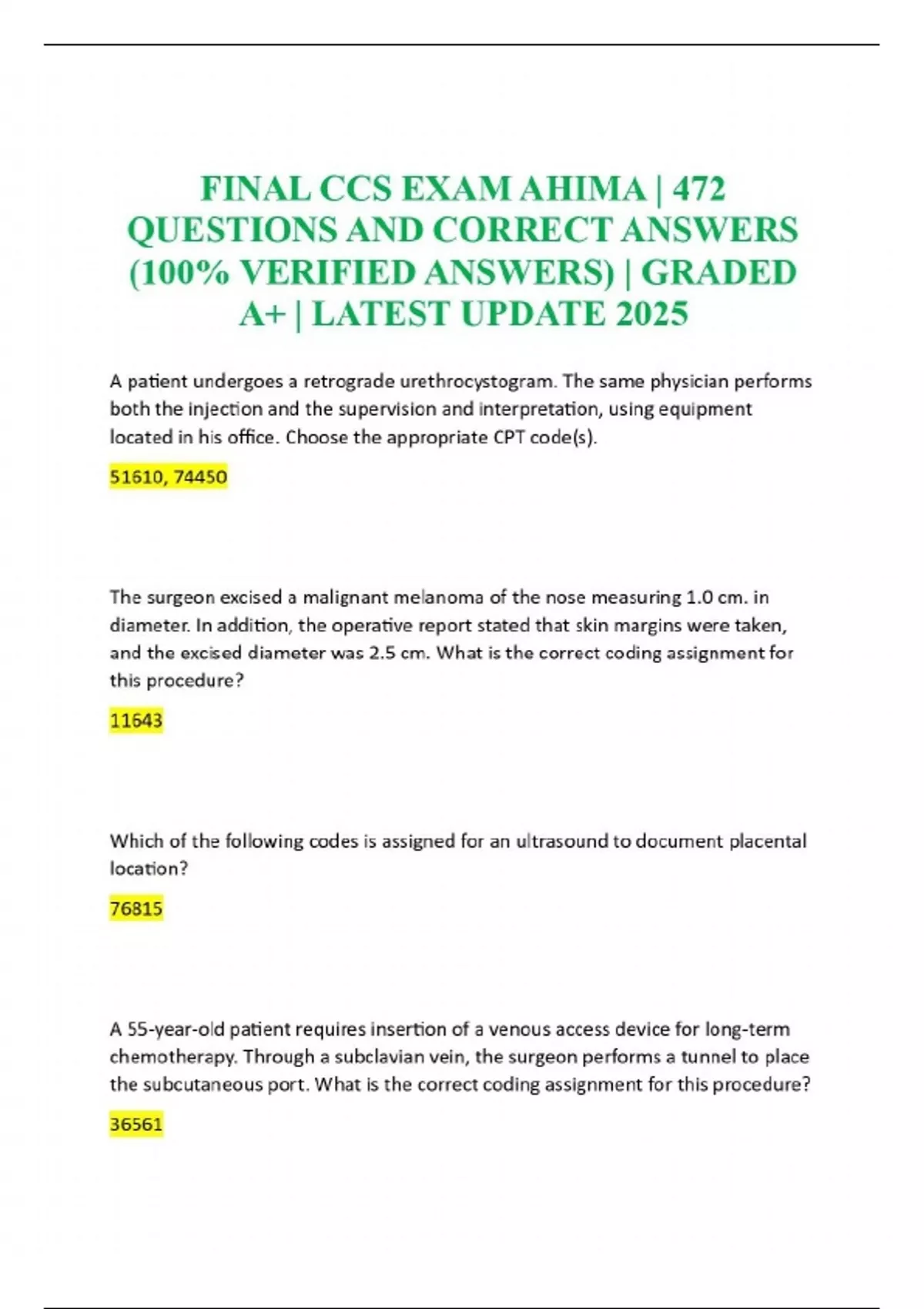 FINAL CCS EXAM AHIMA | 472 QUESTIONS AND CORRECT ANSWERS (100% VERIFIED ...