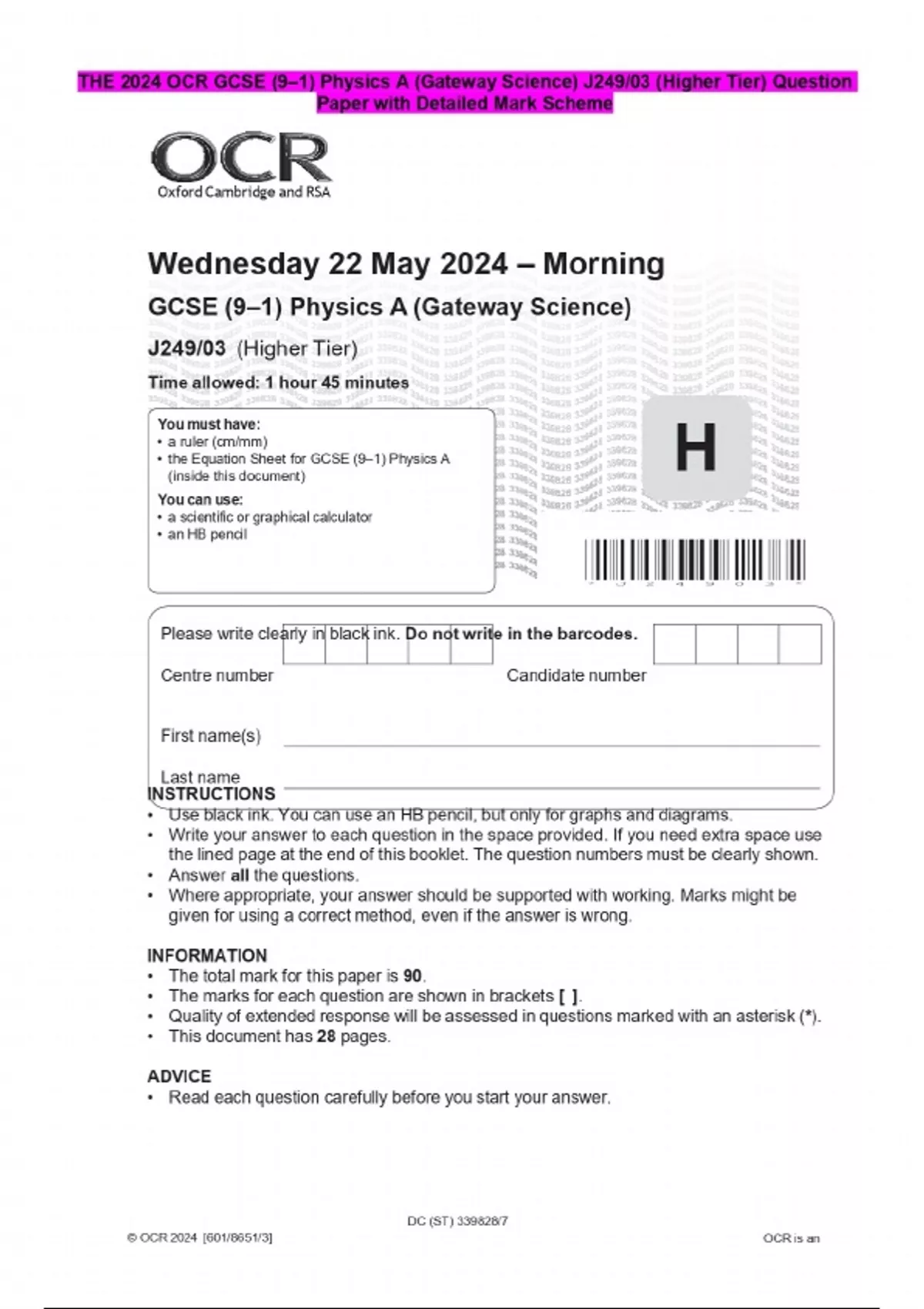 THE 2024 OCR GCSE (9–1) Physics A (Gateway Science) J249/03 (Higher Tier) Question Paper with ...