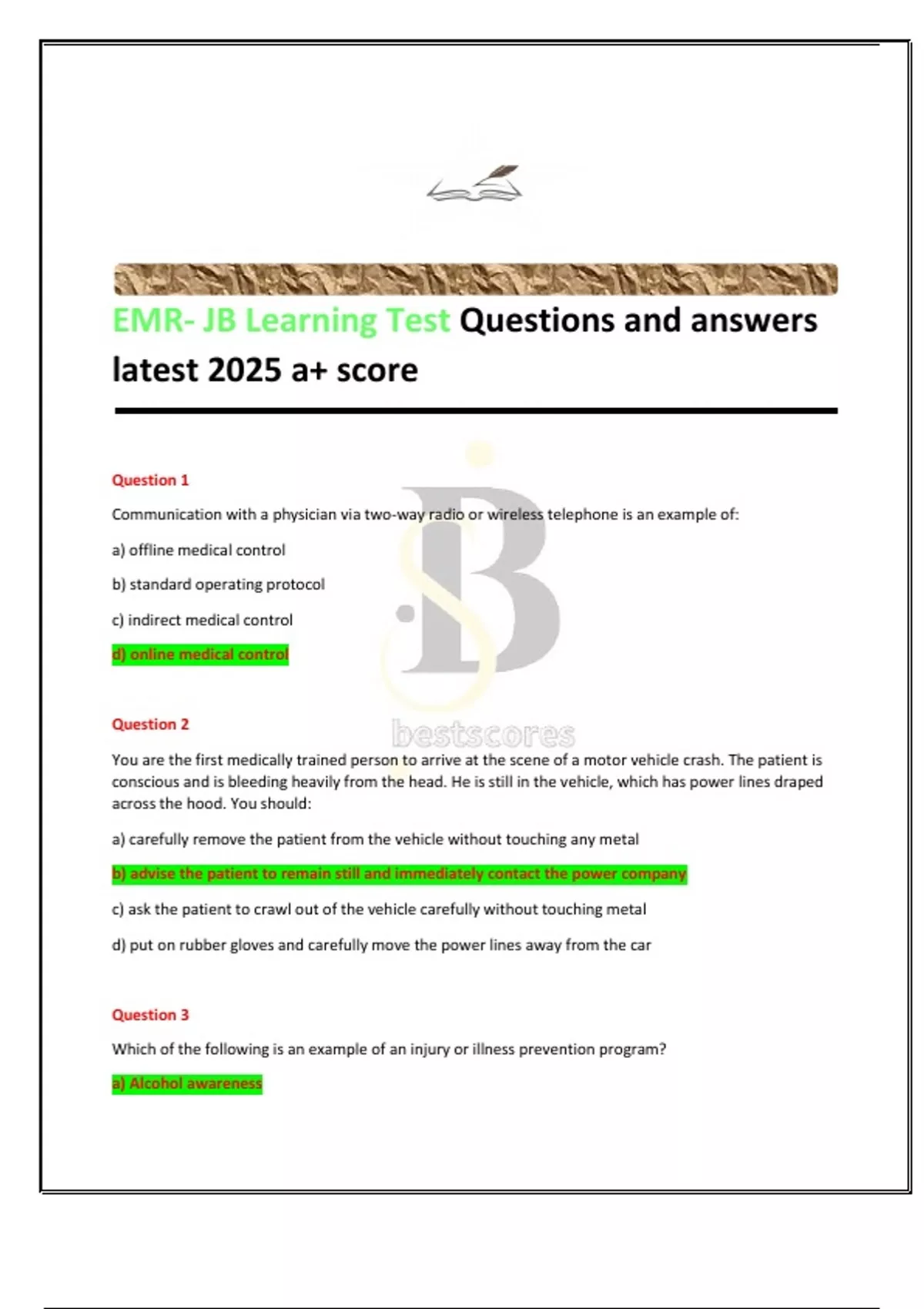 EMR- JB Learning Test Questions and answers latest 2025 a+ score - EMR ...