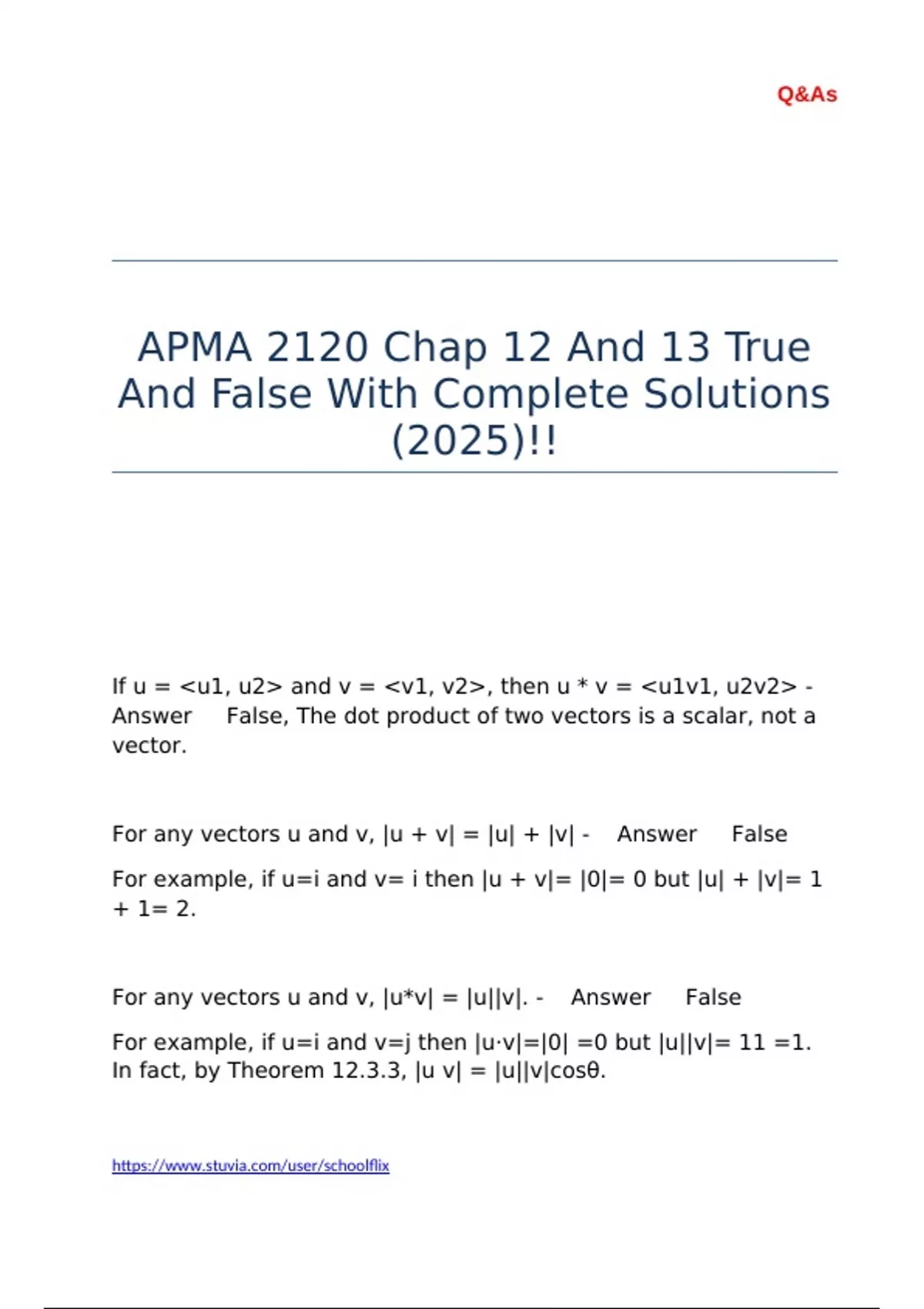 APMA 2120 Chap 12 And 13 True And False With Complete Solutions (2025)!! - APMA 2120 - Stuvia US