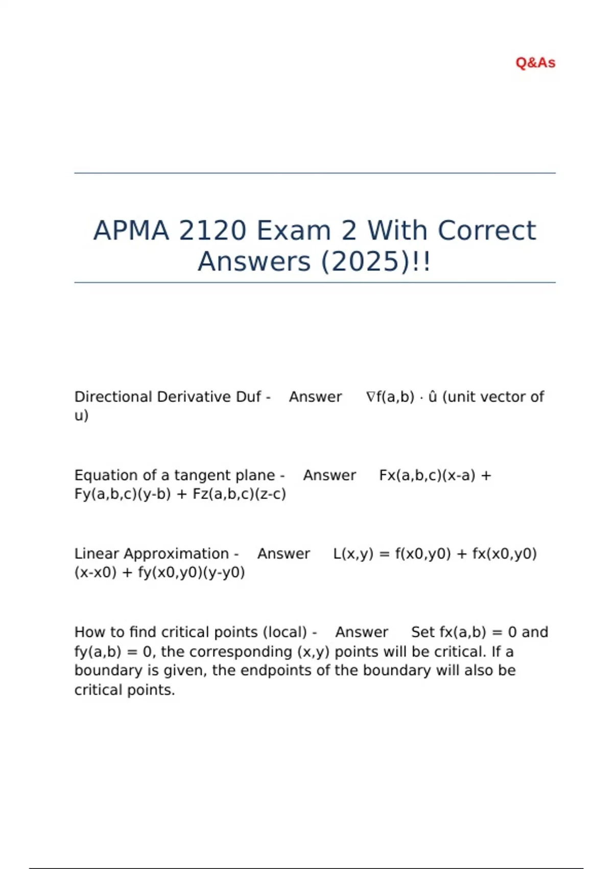 APMA 2120 Exam 2 With Correct Answers (2025)!! - APMA 2120 - Stuvia US