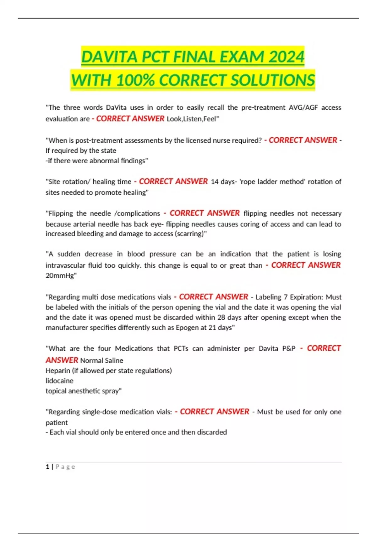 DAVITA PCT FINAL EXAM 2024 WITH 100% CORRECT SOLUTIONS - Davita pct - Stuvia US