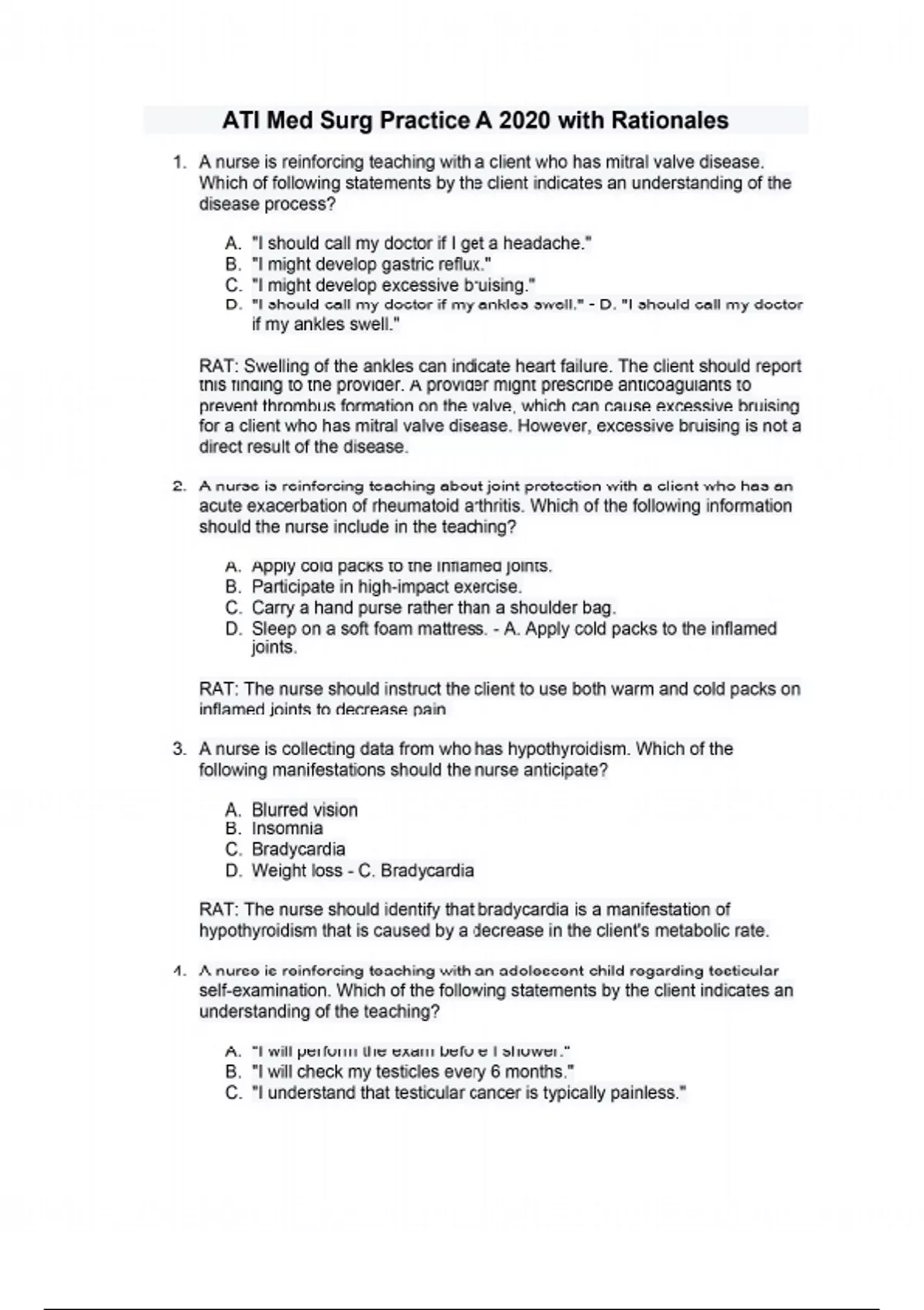 ATI Med Surg Practice A 2020 with Rationales - NR 509 - Stuvia US