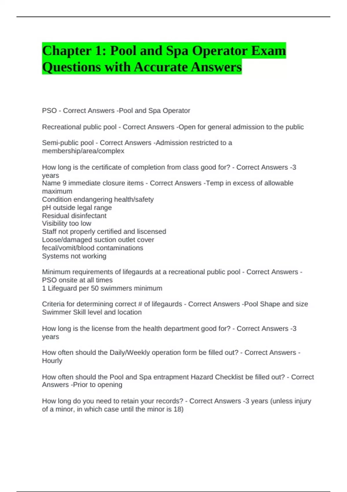 Chapter 1 Pool and Spa Operator Exam Questions with Accurate Answers ...