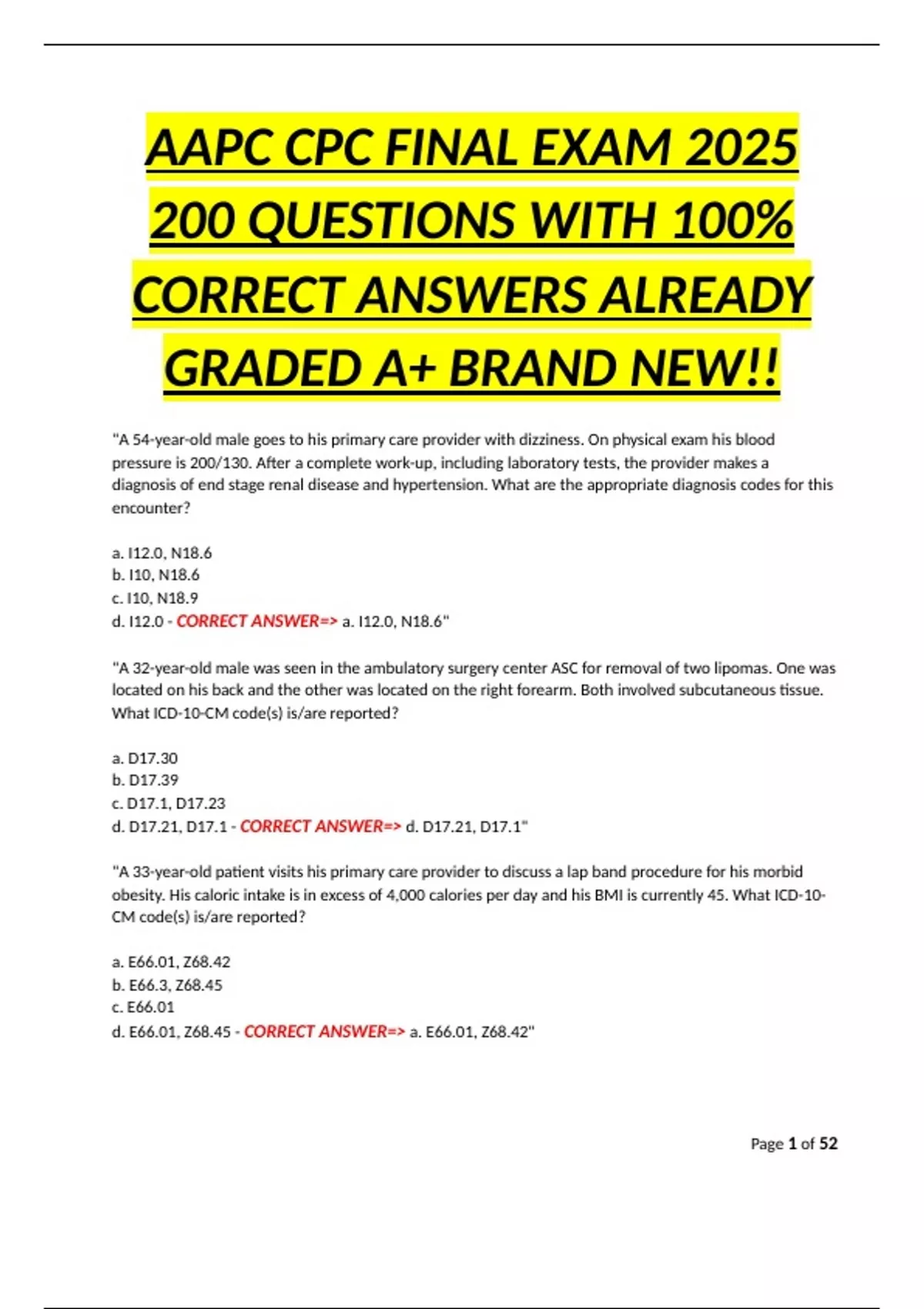 AAPC CPC FINAL EXAM 2025 200 QUESTIONS WITH 100% CORRECT ANSWERS ...