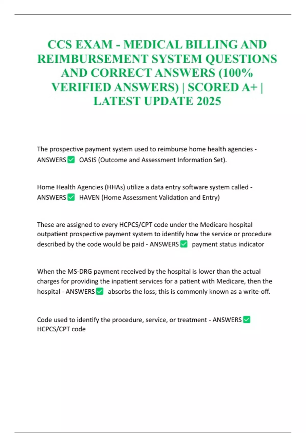 CCS EXAM - MEDICAL BILLING AND REIMBURSEMENT SYSTEM QUESTIONS AND ...