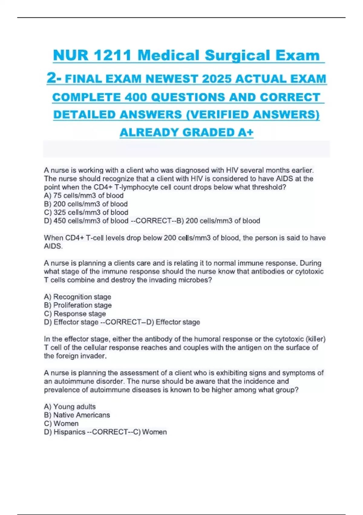 NUR 1211 Medical Surgical Exam 2- FINAL EXAM NEWEST 2025 ACTUAL EXAM COMPLETE 400 QUESTIONS AND ...