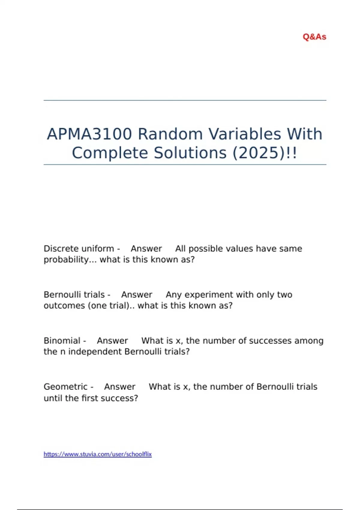 APMA3100 Random Variables With Complete Solutions (2025)!! - APMA 3100 - Stuvia US