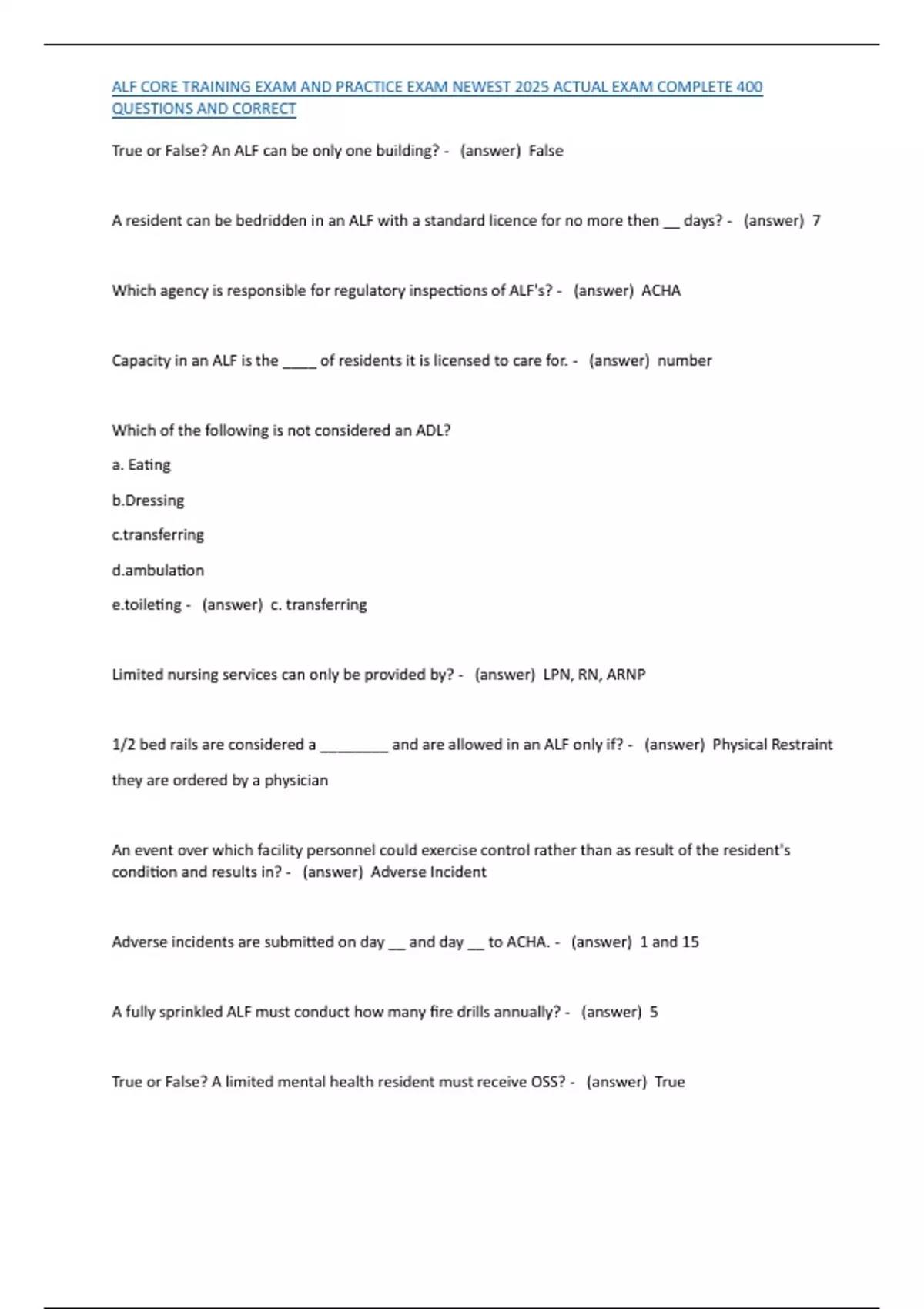 ALF CORE TRAINING EXAM AND PRACTICE EXAM NEWEST 2025 ACTUAL EXAM ...