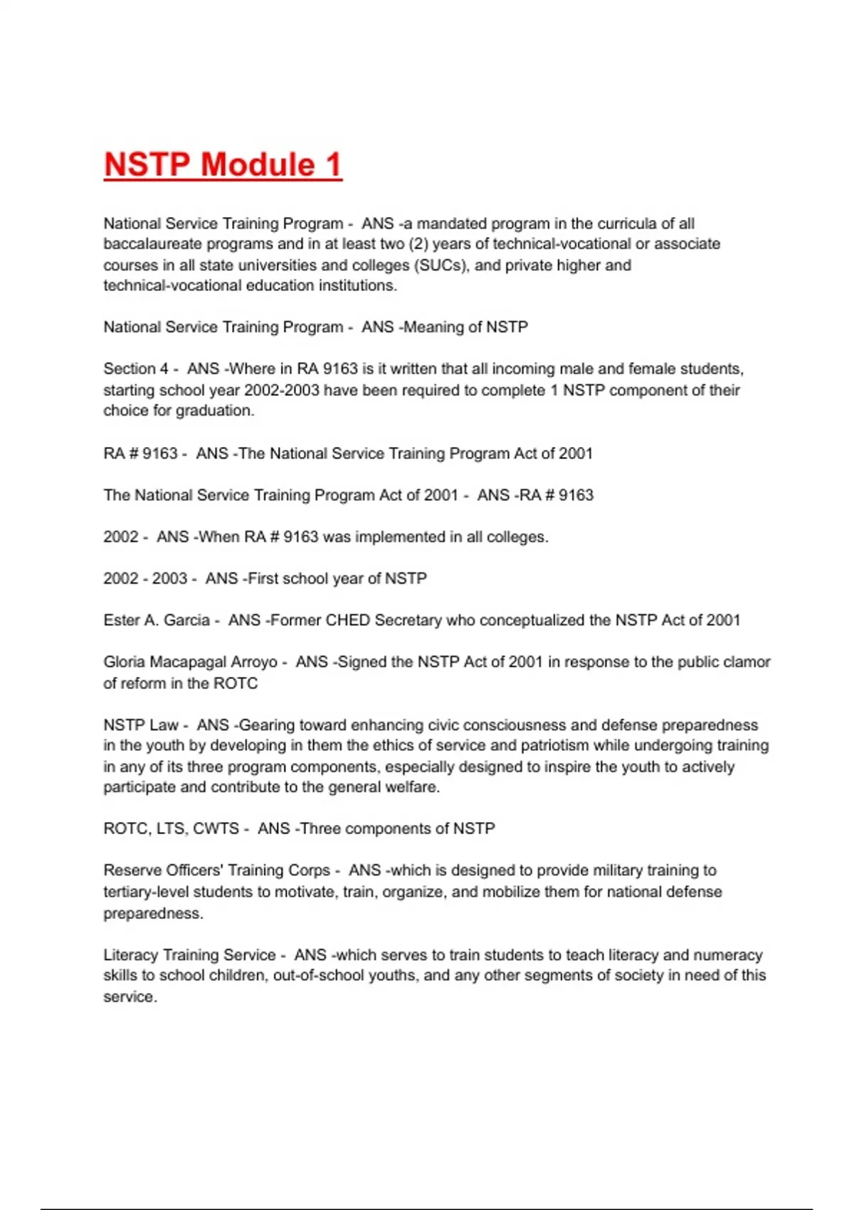 NSTP Module 1 Exam Questions with correct Answers 2025/2026( A+ GRADED 100% VERIFIED). - NSTP ...