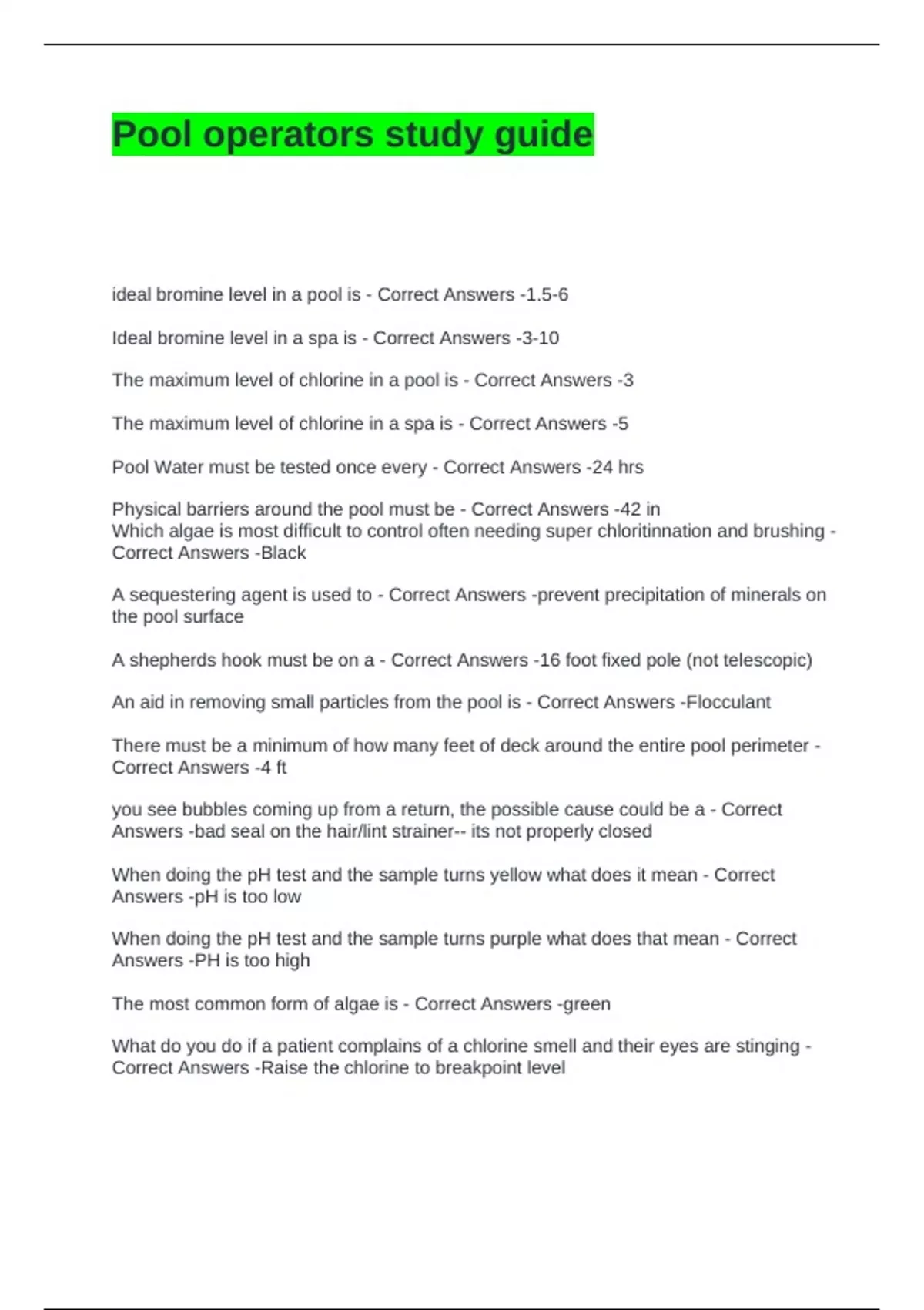 Pool operators study guide with complete solutions - Pool Operator ...