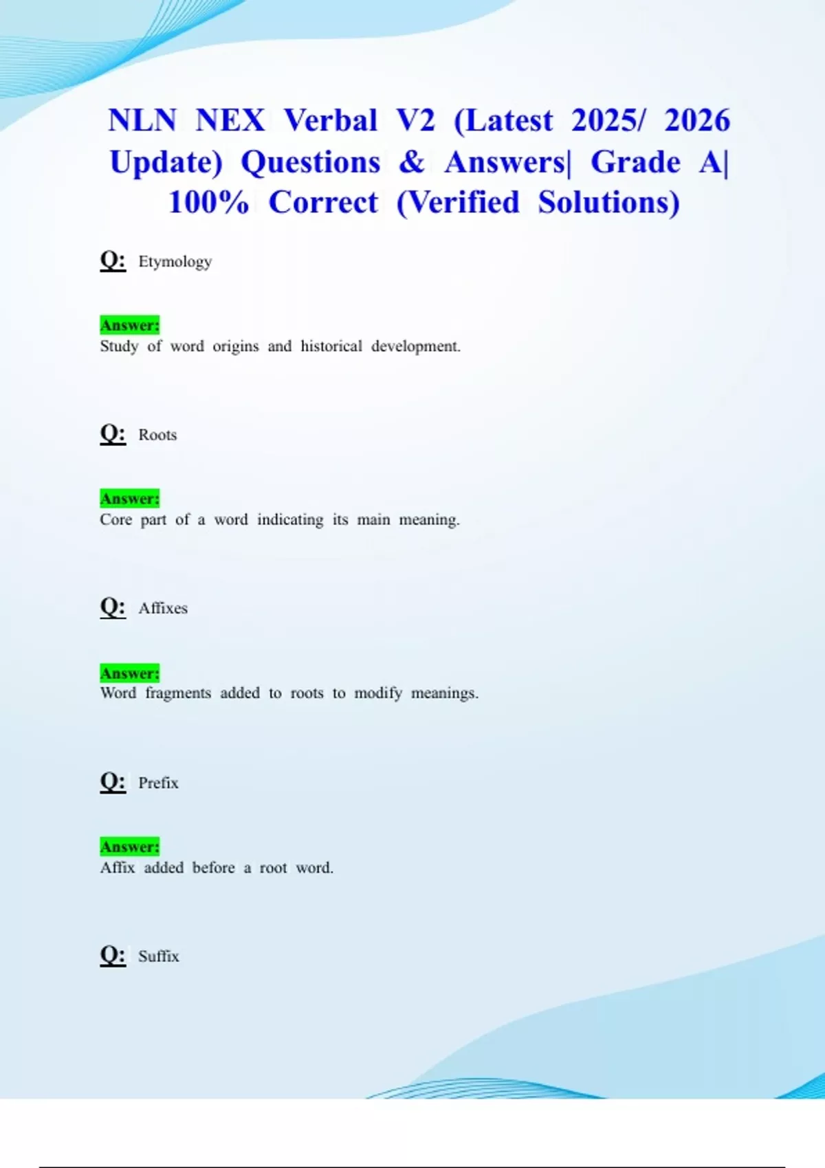 NLN NEX Verbal V2 (Latest 2025/ 2026 Update) Questions & Answers| Grade ...