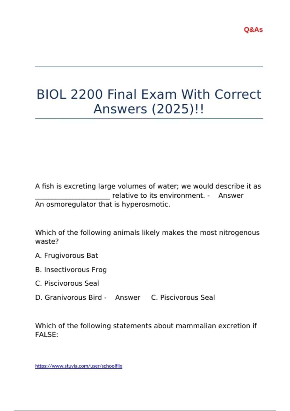 BIOL 2200 Final Exam With Correct Answers (2025)!! - BIOL 2200 - Stuvia US